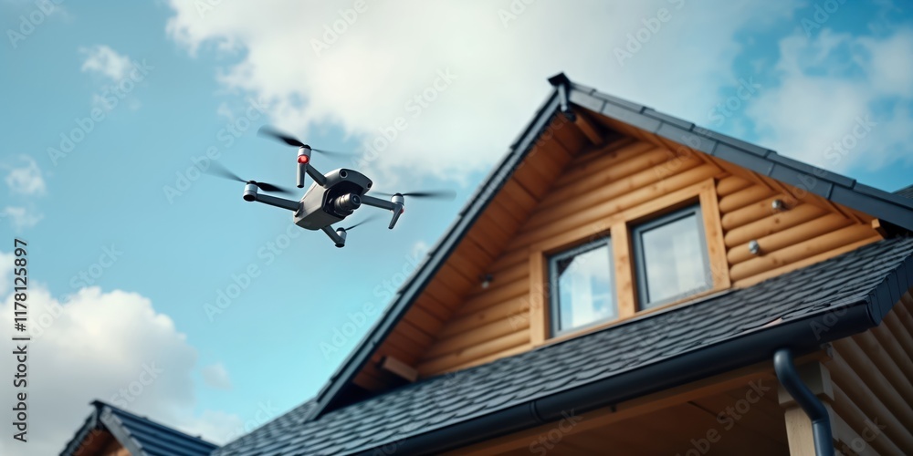 Drone inspects house roof. Aerial view of modern tech inspecting ...