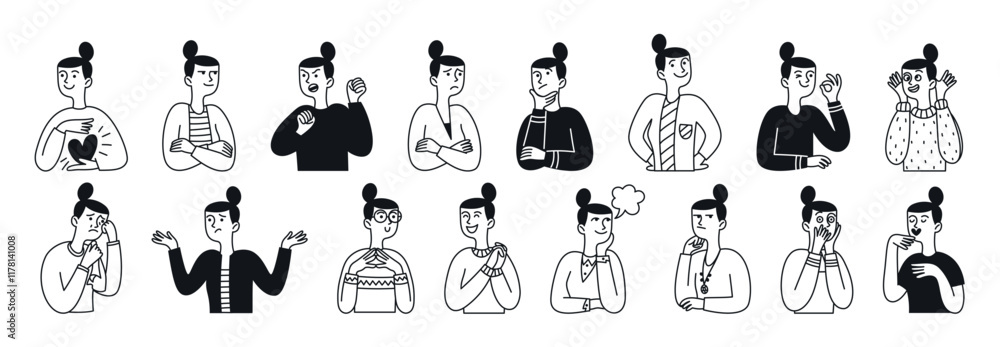 Big collection of drawings of facial expressions of women, people ...