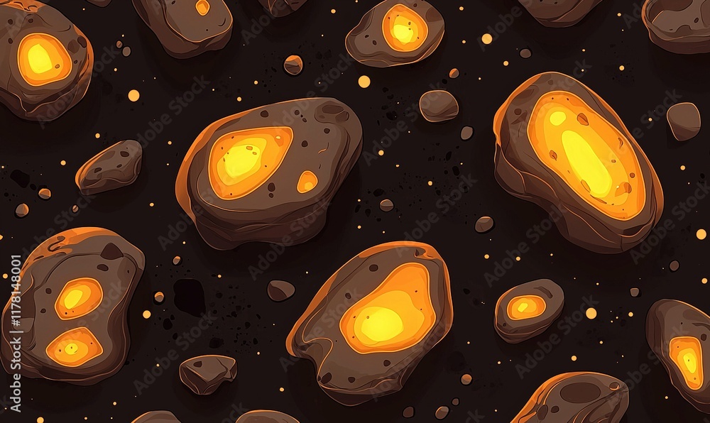 Glowing asteroids in space, seamless pattern for game backgrounds or ...