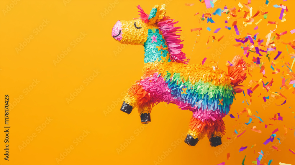 Colorful donkey pinata with confetti explosion on vibrant orange ...