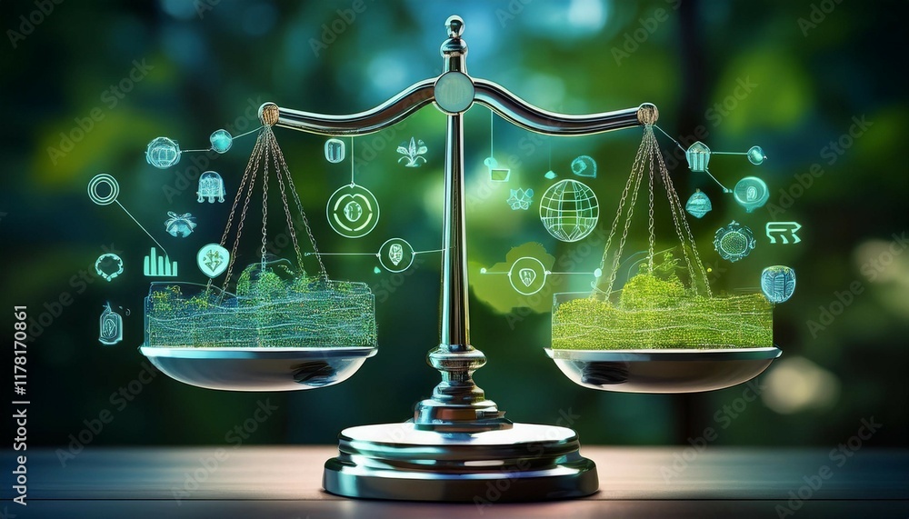 a balance scale displays digital symbols of technology and ...