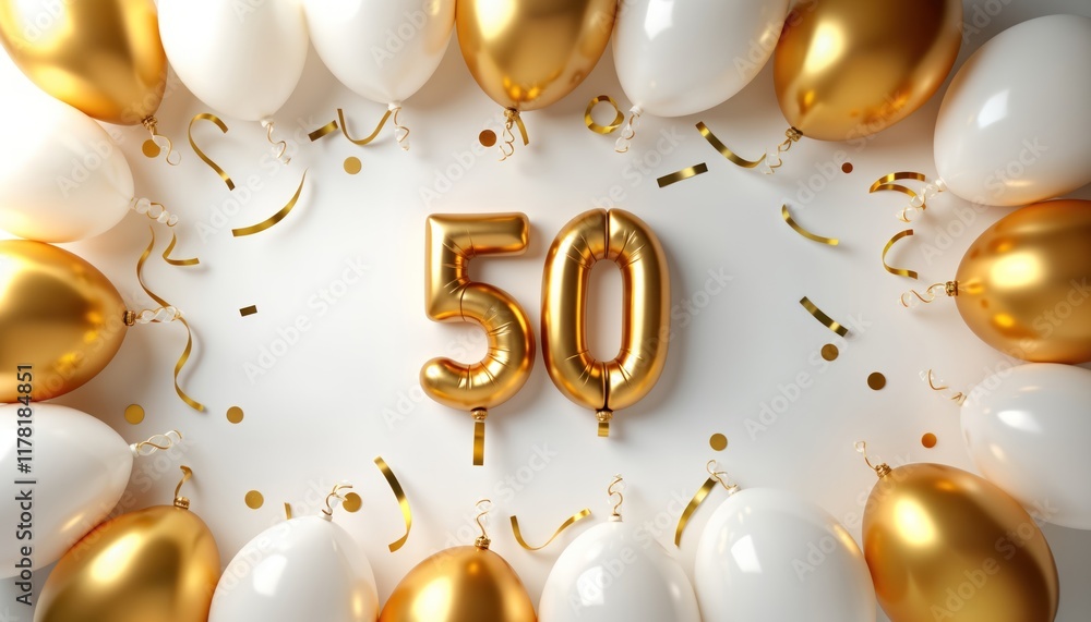 Golden, white balloons decorate white background. Golden numbers 50 ...