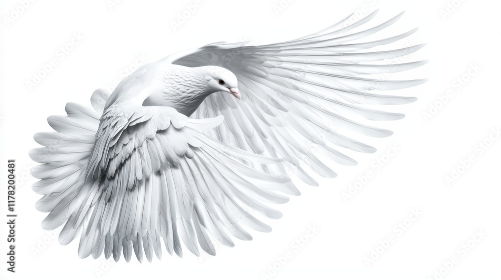 Dynamic white dove soaring, wings open in action pose, ultra-realistic ...