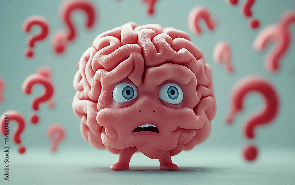 3D cartoon brain with a worried face, surrounded by floating question ...
