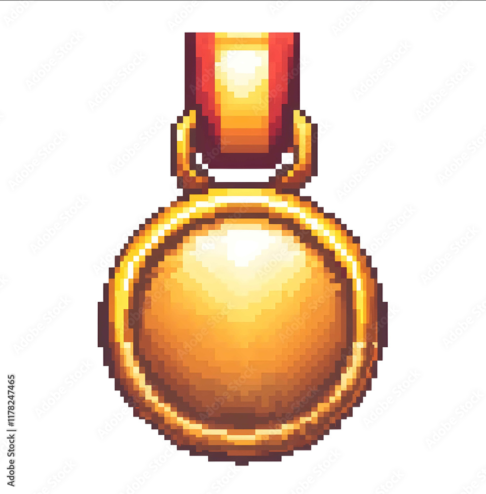 Pixel art of a golden medal icon on a white background in an 8bit pixel ...