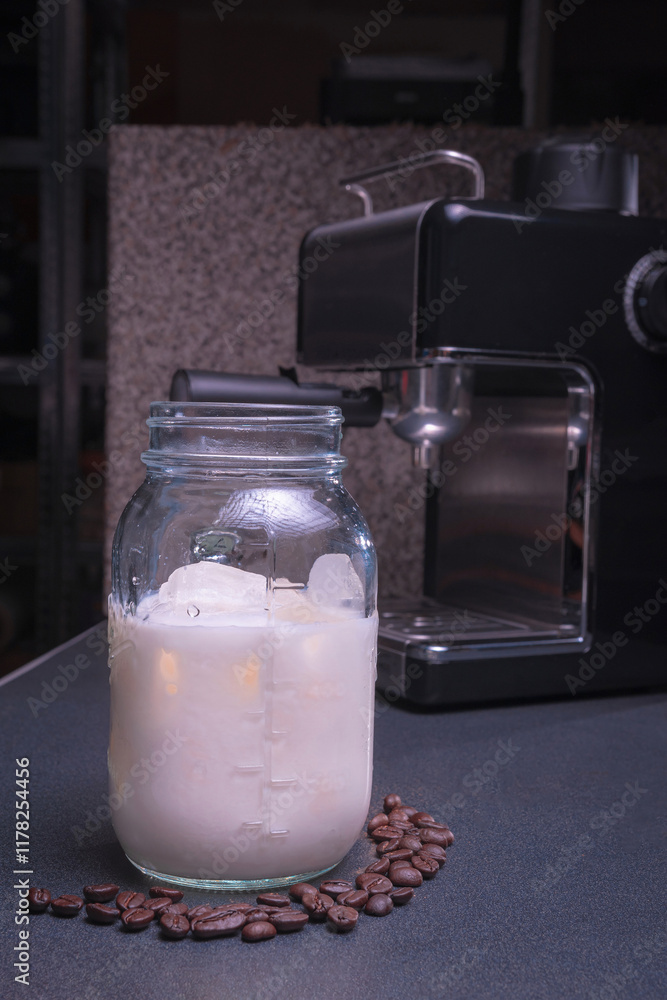 Young white-skinned Latina woman making hot drink, American-style ...