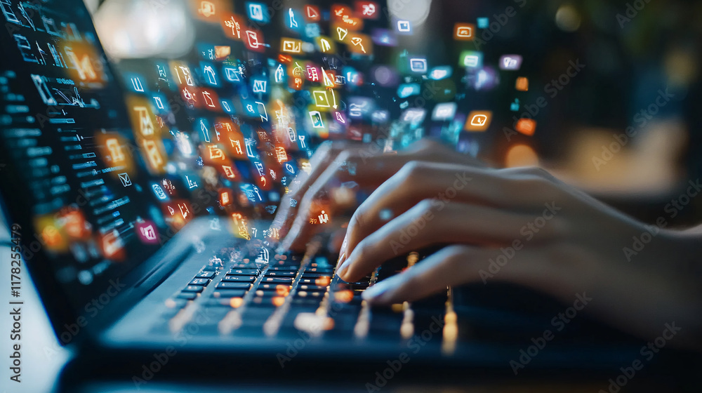 A person typing on a floating keyboard, with letters and symbols from ...