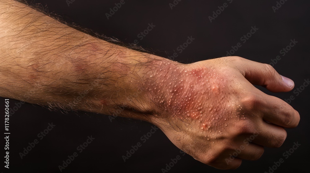 A man's forearm shows raised, itchy red patches with visible swelling ...