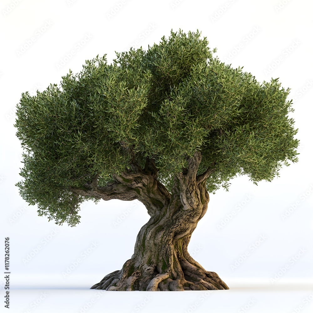 3D ultra-realistic epic render of a large olive tree on a white ...