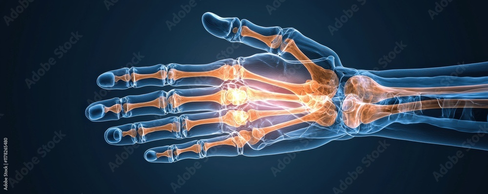 The image depicts a detailed, glowing x-ray of a human hand, showcasing ...