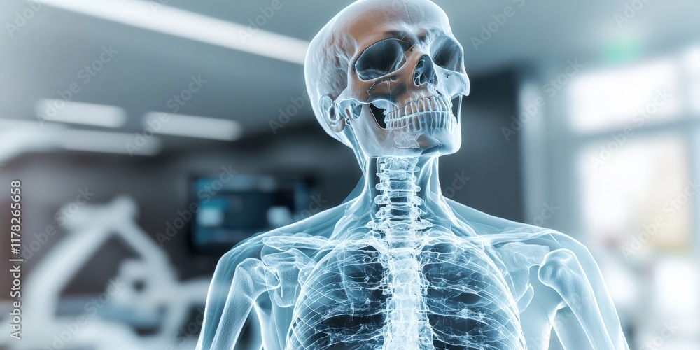 A transparent 3D model of a human skeleton displayed in a modern ...