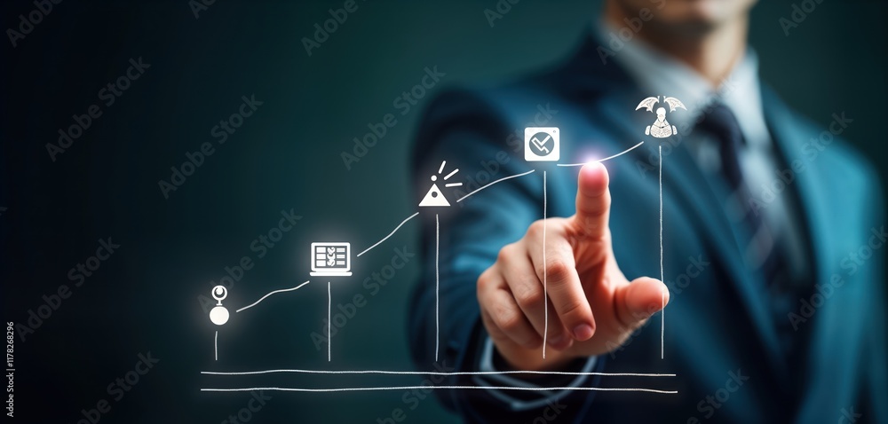 Businessman points to PDCA cycle graphic. Cycle shows plan, check, act ...