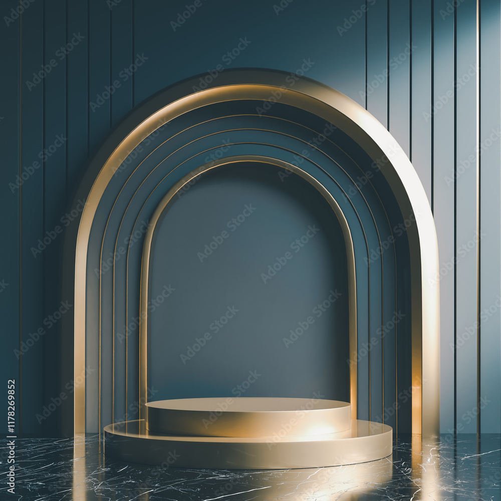 3D Gold multi-tiered circular platform centered, black background with ...