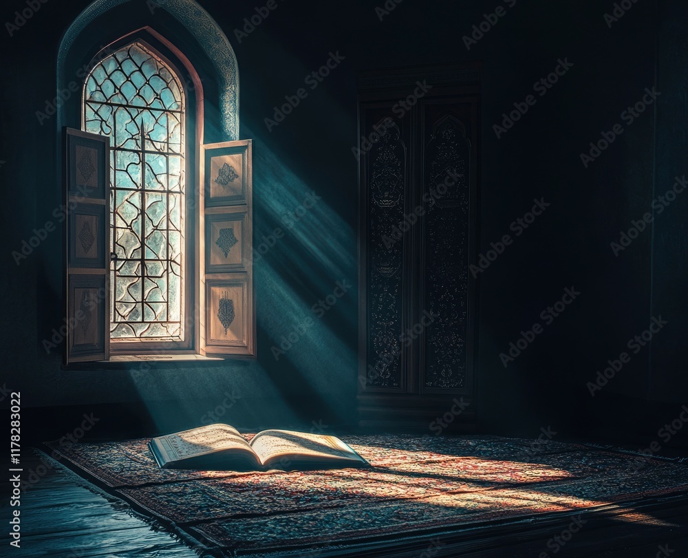 Mosque room with an open window, Quran on the ground and prayer rug ...