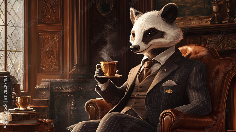 A stylish badger in a retro 1960s business suit, sipping tea in a ...