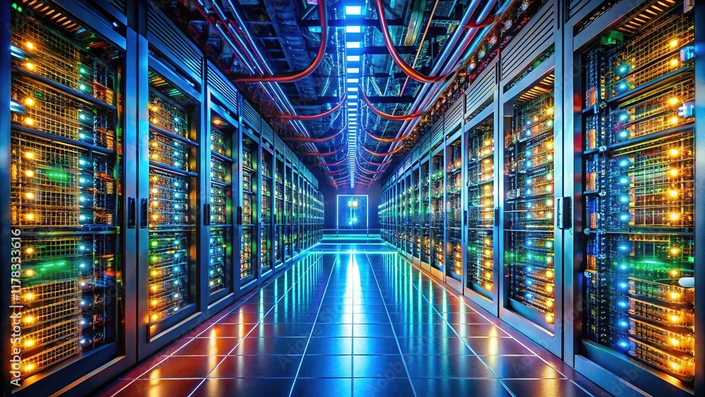 Massive data center server room, captured in a long exposure. Stock ...
