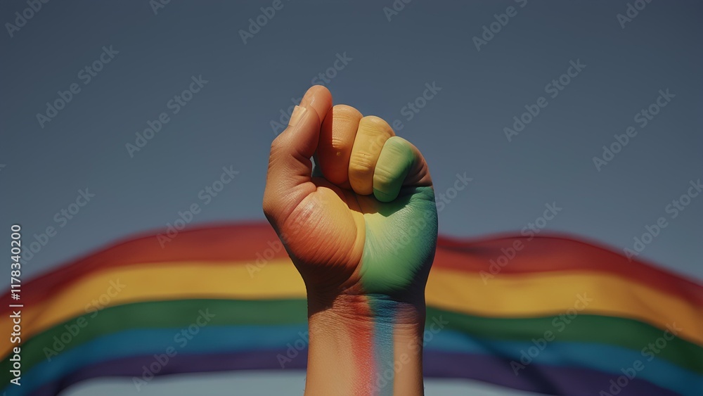 Raised rainbow fist of empowerment for Pride Month and the LGBTQIA+ ...