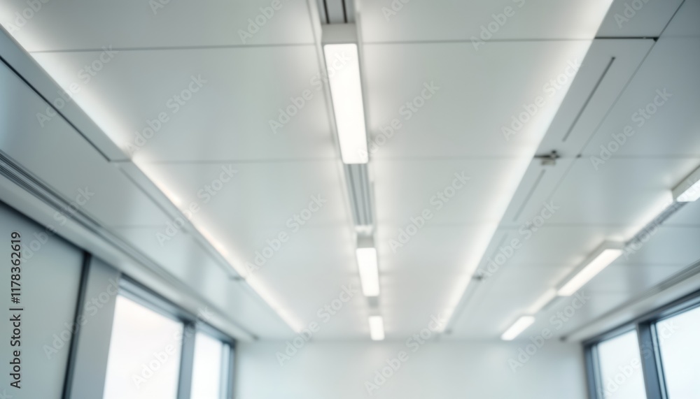 Modern office interior with bright white ceiling, fluorescent lights ...