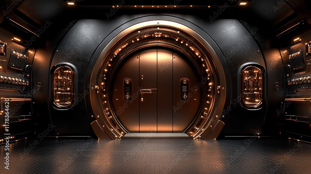 Futuristic bronze vault door, dark room, security, sci-fi background ...