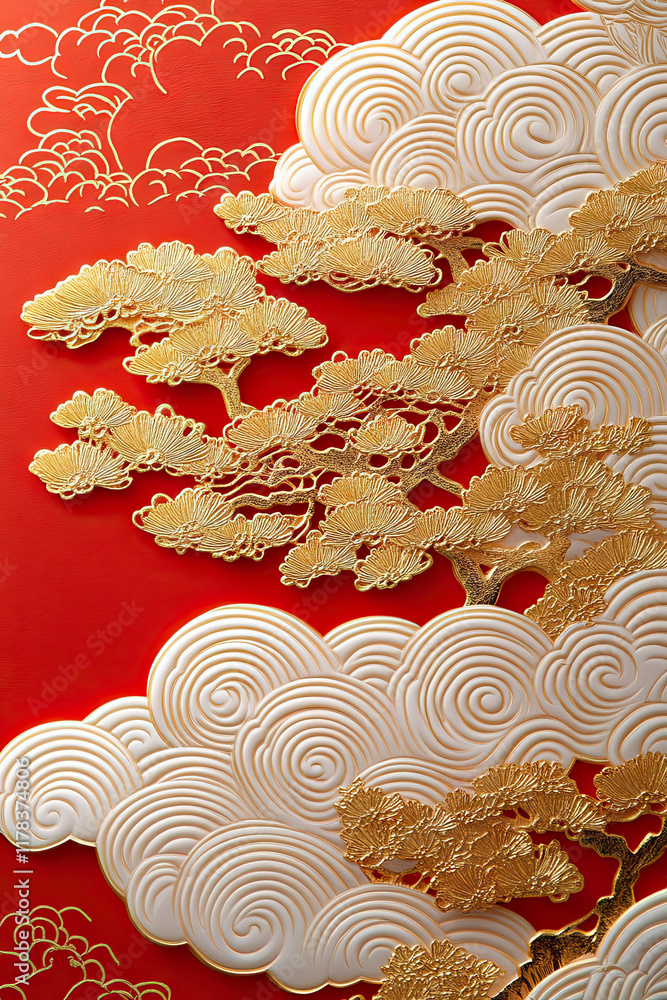 artistic and elegant red relief, auspicious clouds and waves relief ...