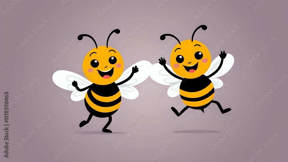 Cute cartoon bees with happy expressions on simple colorful background ...