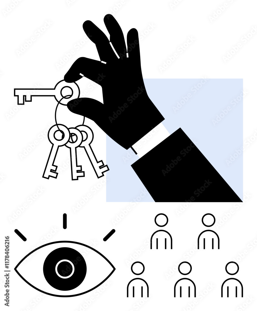 Hand holding keys eye with rays, and group of five people icons. Ideal ...