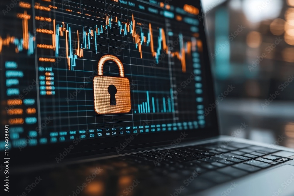 Cybersecurity Concept with Lock Icon on Digital Financial Chart ...