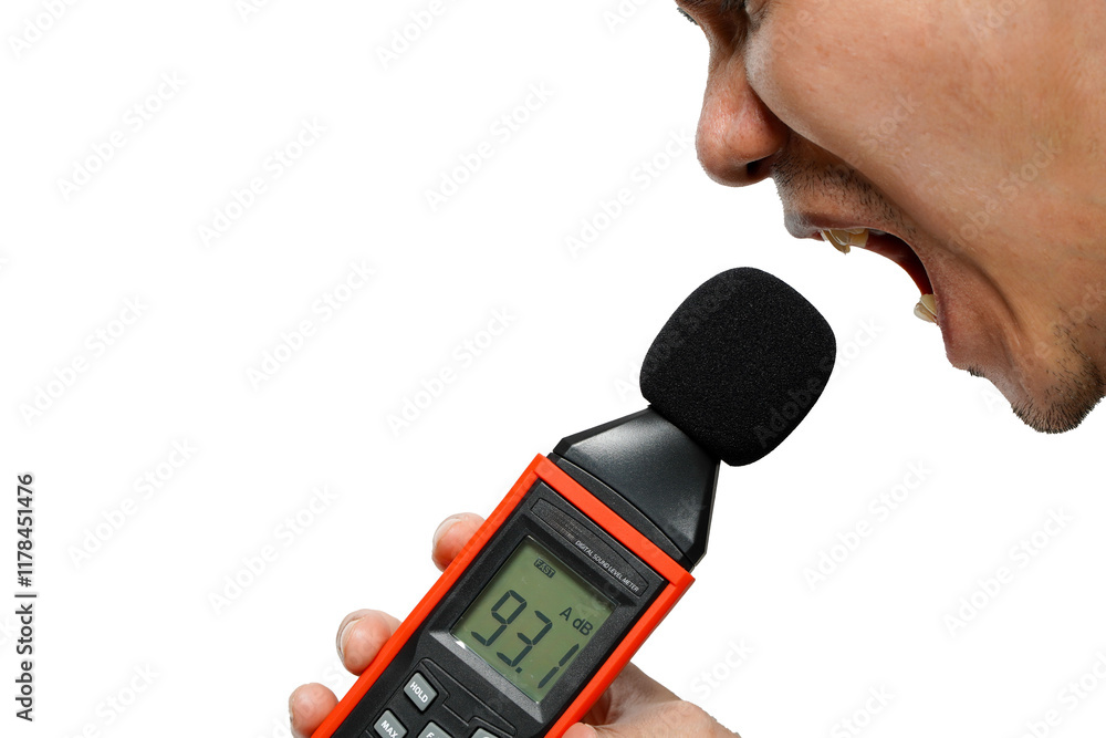 Handsome young Asian man holding a sound meter and shouting in isolated ...