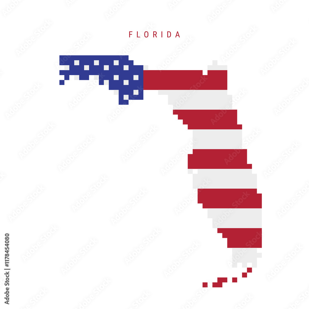 Florida pixel flag map icon. 8 bit pixel art map covered with american ...