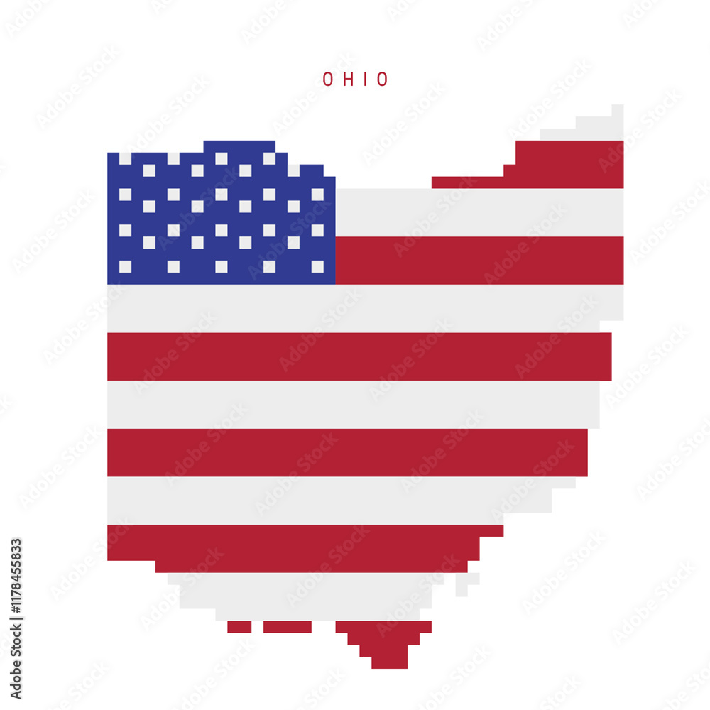 Ohio pixel flag map icon. 8 bit pixel art map covered with american ...