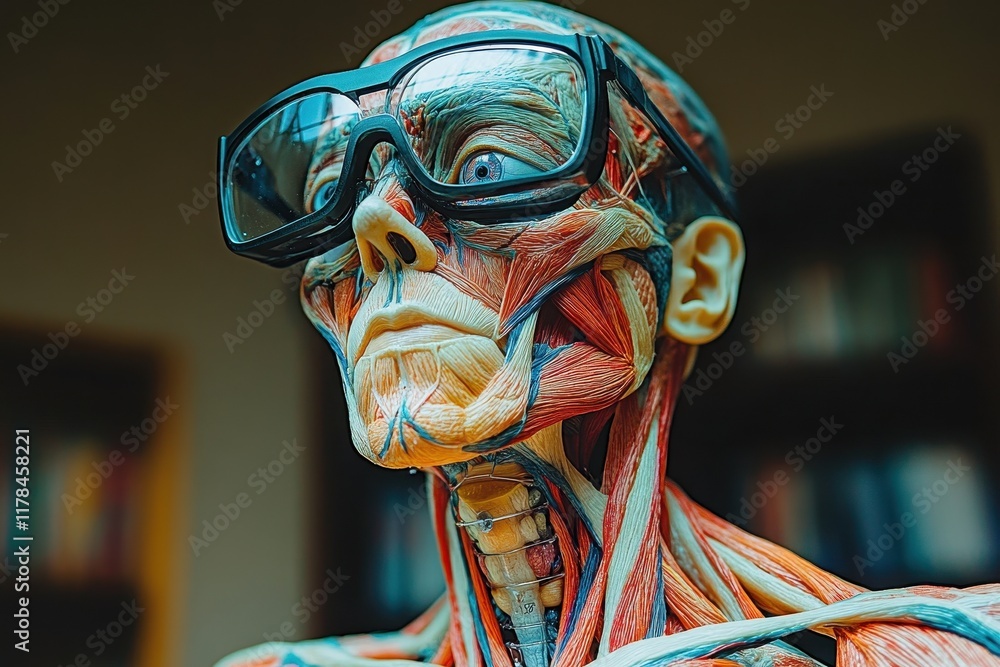Anatomical model head wearing glasses, detailed muscle structure ...