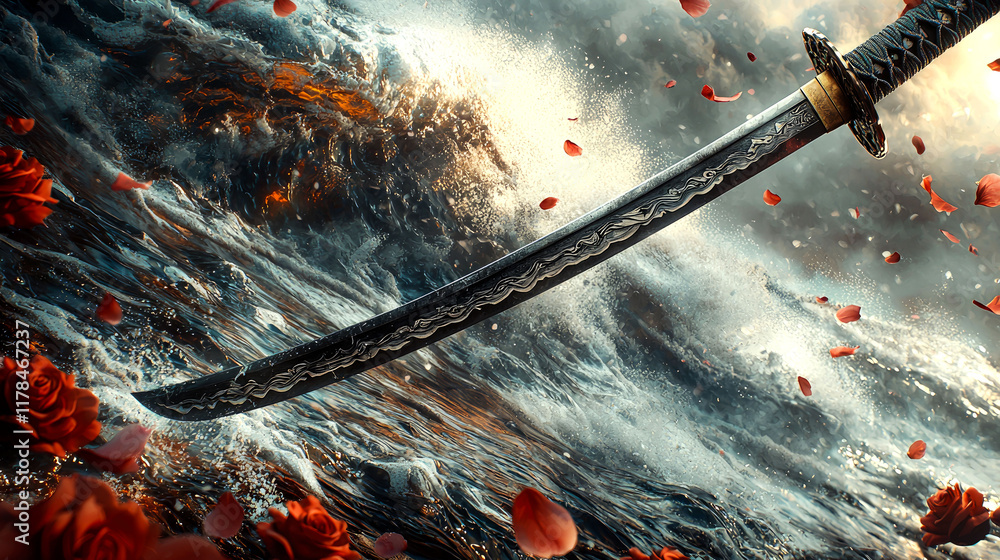 Katana: A Samurai's Sword in a Sea of Roses. A digital painting ...