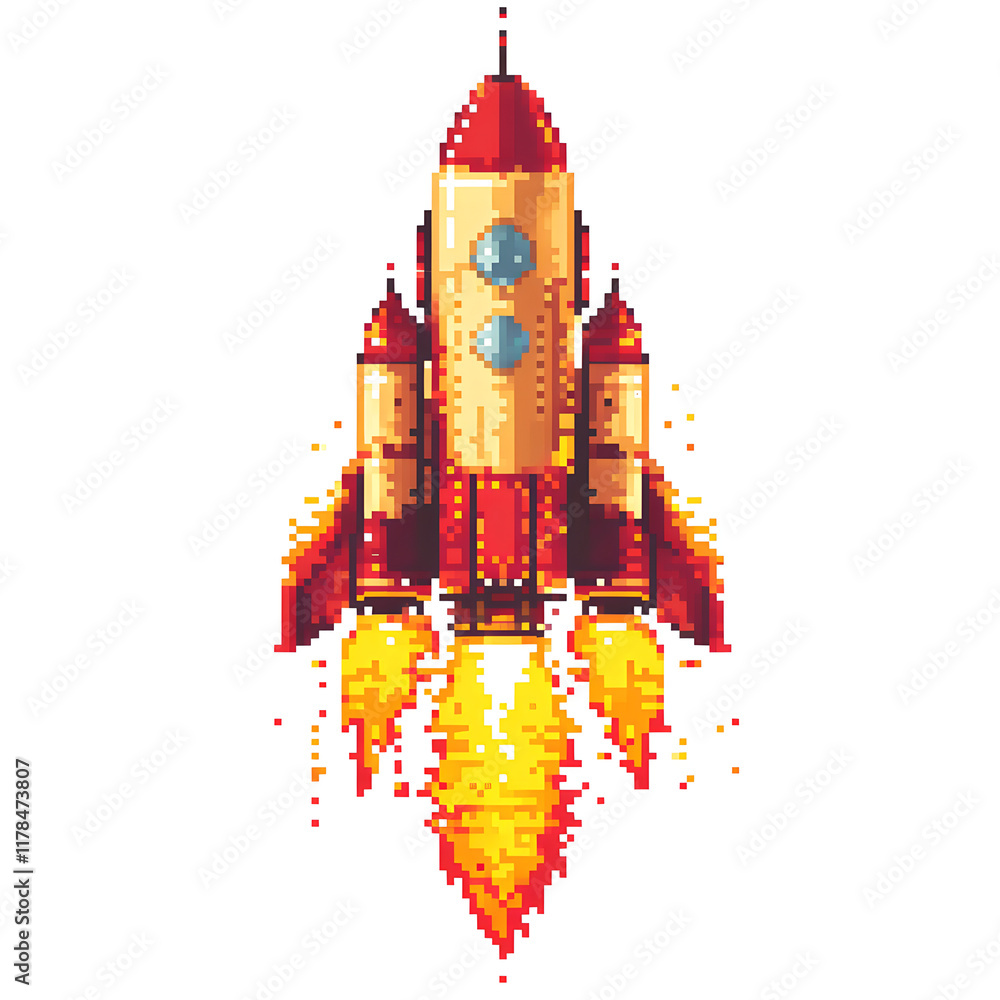 8-bit pixel art rocket ship with vibrant red and yellow smoke, launching into space. design ...