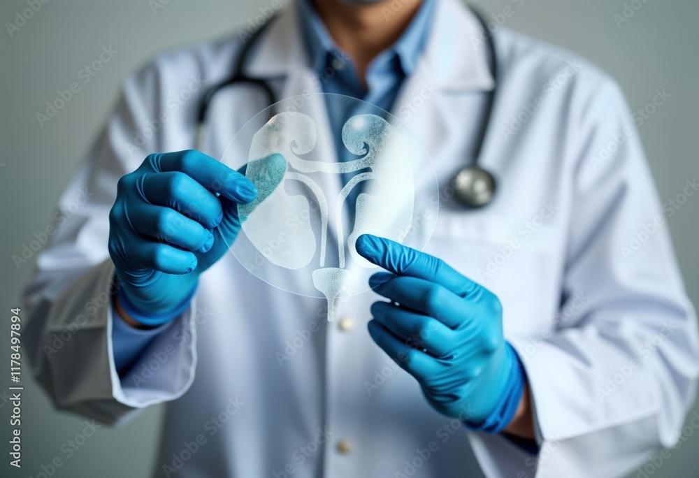 Doctor examines virtual model of urinary system. Medical tech displays ...