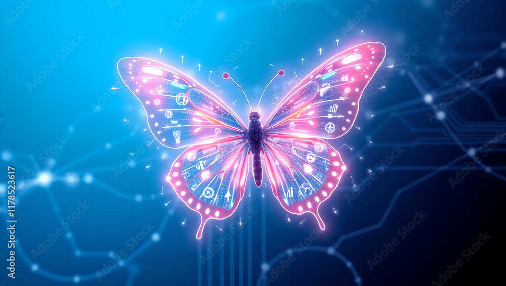 The butterfly flaps its wings in a glowing circuit, symbolizing change ...