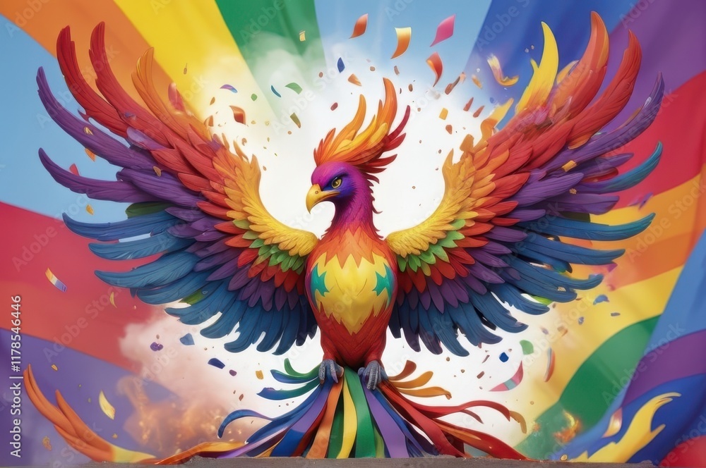 A rainbow-colored phoenix rising from ashes, symbolizing resilience and ...