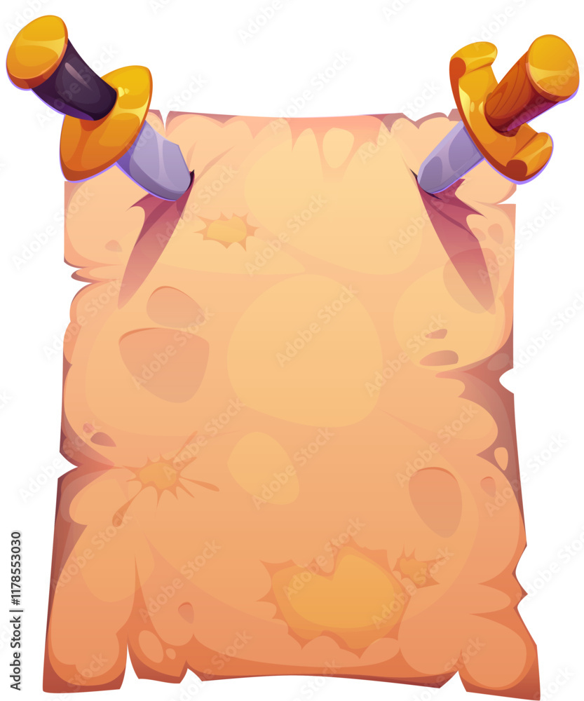 Vintage pirate scroll paper with blades. Vector cartoon old parchment, treasure map, medieval ...