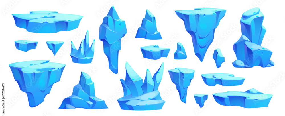 Cartoon ice crystals and frozen arctic iceberg, stalagmite blocks and ...