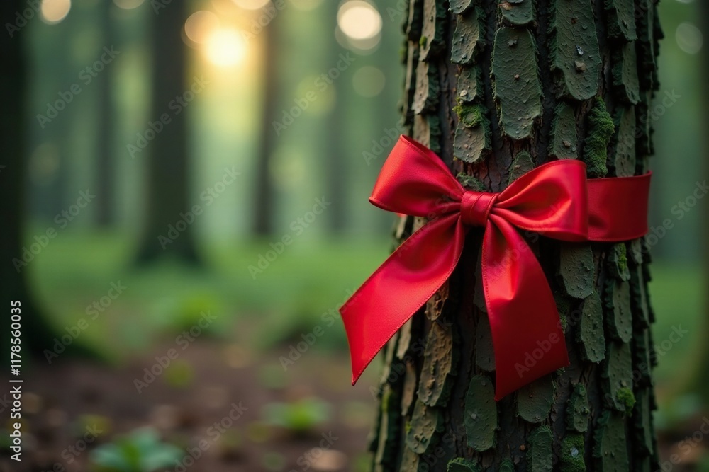 Red ribbon tied around the base of a fir tree in the forest, red ribbon ...