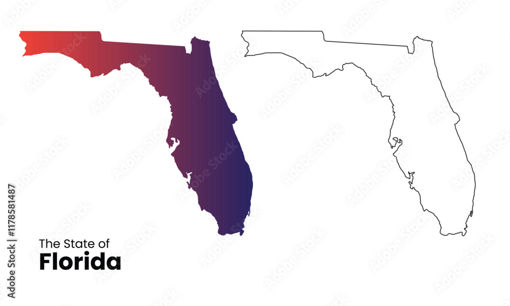 Florida the state of USA, solid silhouette map of country area and ...