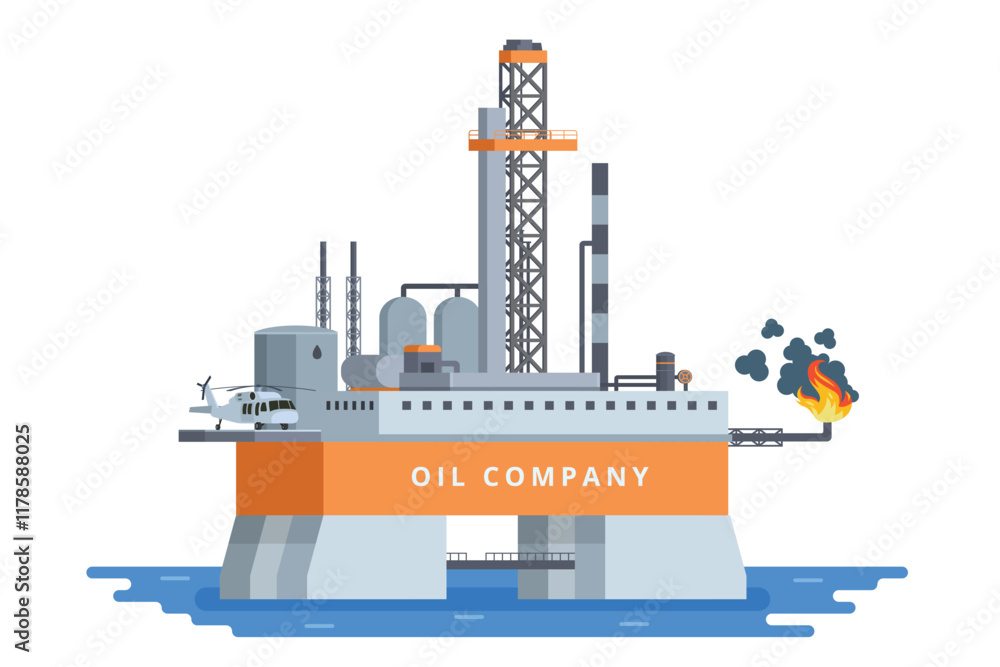 Offshore Oil Rig Illustration with Chimneys and Structures on water ...