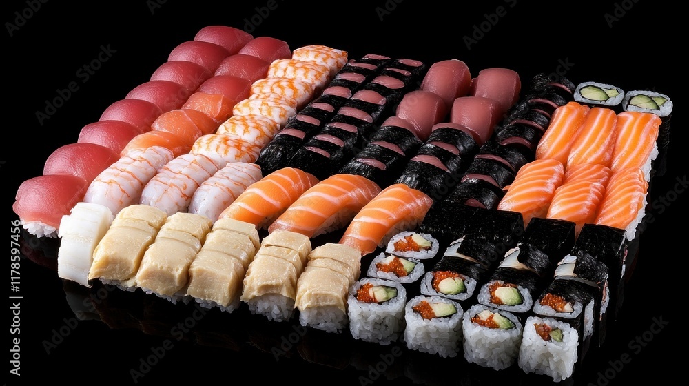 Assorted sushi platter with various types of nigiri, maki, and uramaki ...