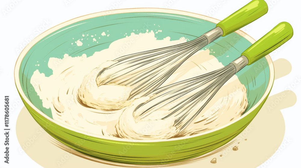 whisk, Whisk in a bowl with flour, vector illustration on a white ...