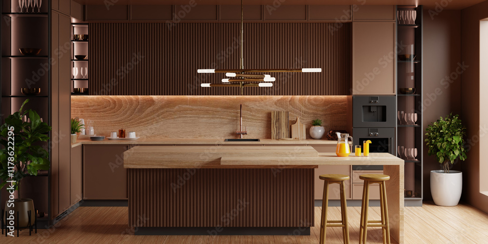 kitchen room interior in brown mocha mousse 2025 color with modern ...