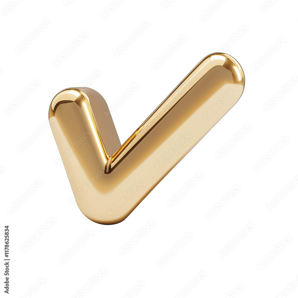 simple golden checkmark icon, 3D rendering style, white background with ...