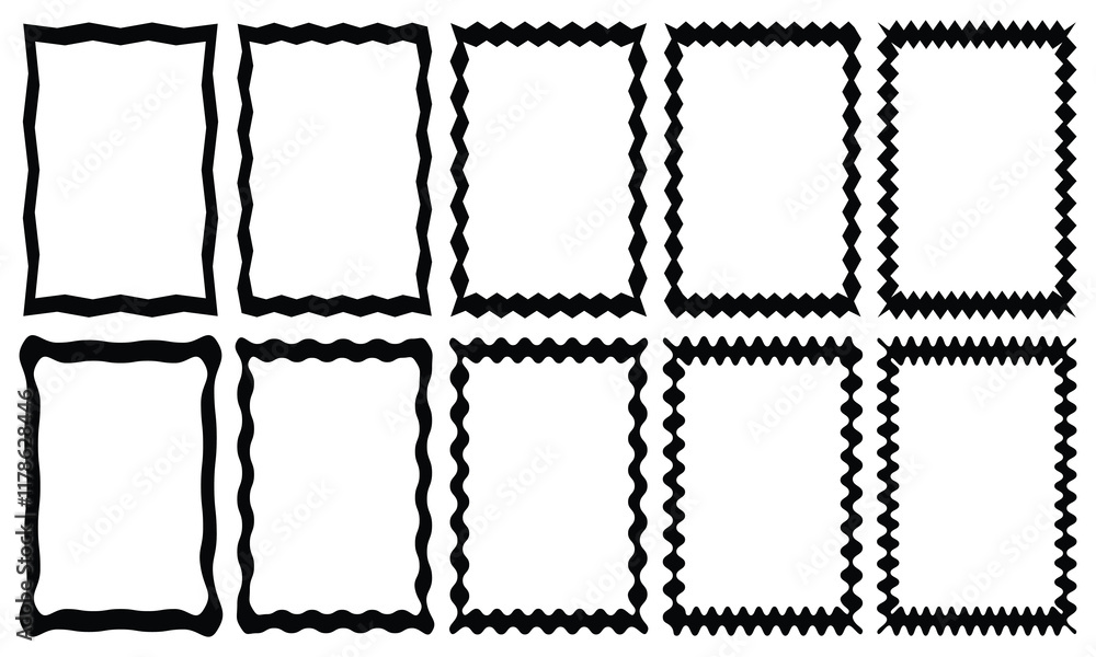 Set of square frames with wavy and zigzag edges. Rectangular and round ...