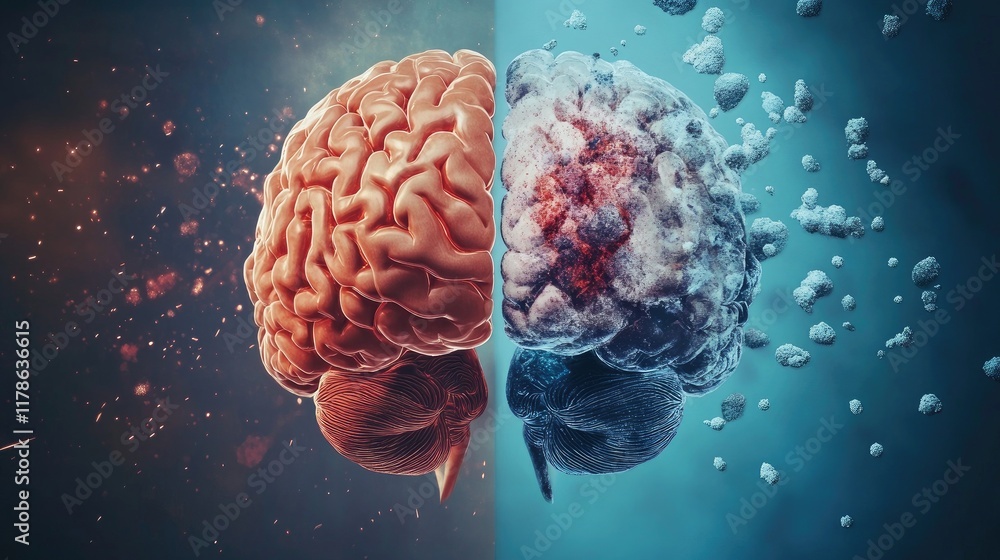 A split-image showing a healthy human brain on one side and an ...