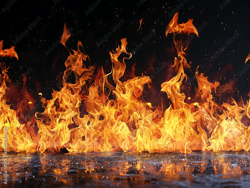 Blazing fire flames on a deep black background, creating a powerful ...