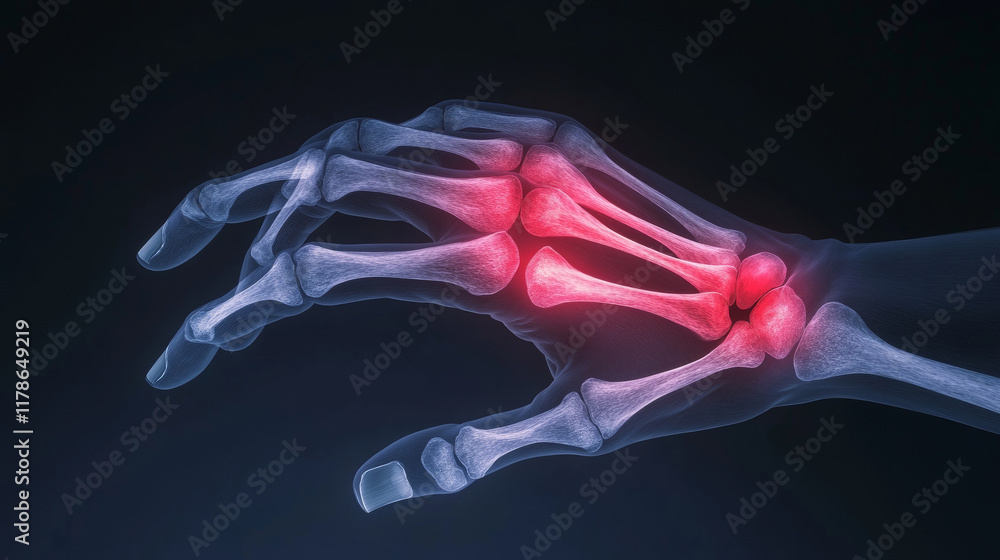 beautiful, X-ray of the hand with joint pain, highlighted in red to ...