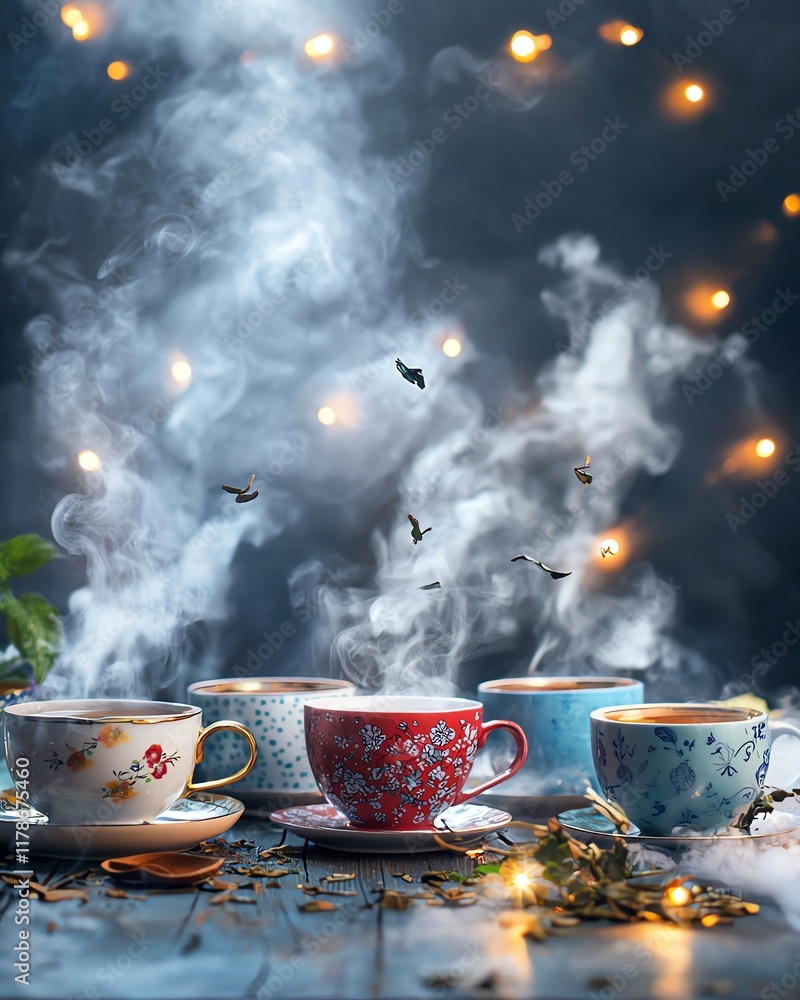 Whimsical tea party setup with mismatched colorful mugs, rising steam ...